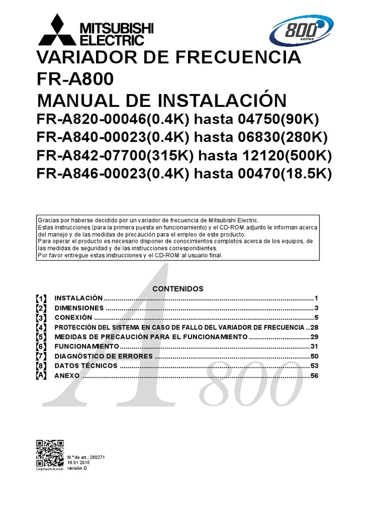 Manual de instalación FR-A800 | PDF | Corriente eléctrica | Agua