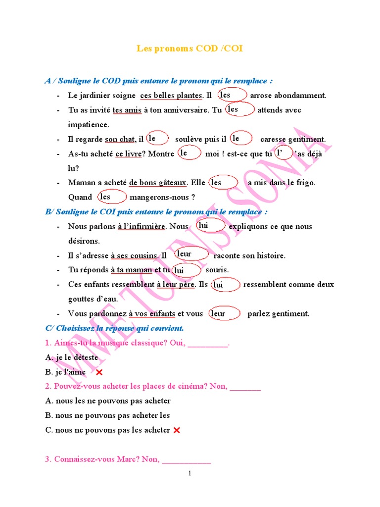 Les Pronoms COD COI Correction | PDF