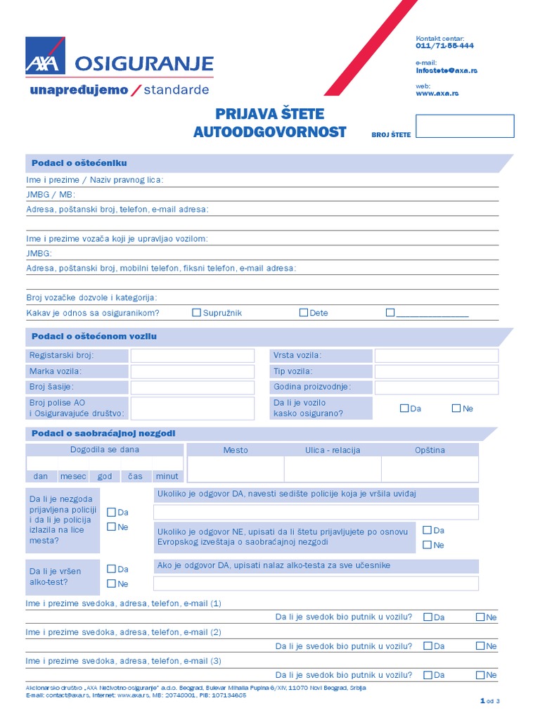 Prijava Stete Autoodgovornost | PDF