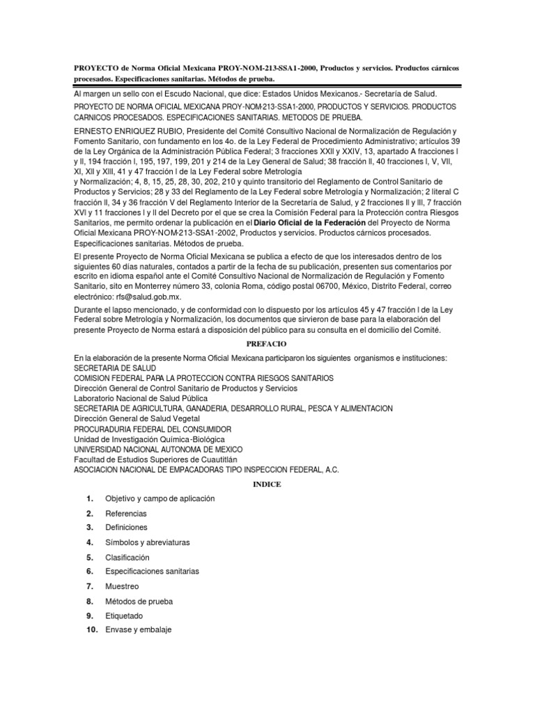 PROY NOM 213 SSA1 2000 - Prod - Carnicos - Proces | PDF | Carne | Alimentos