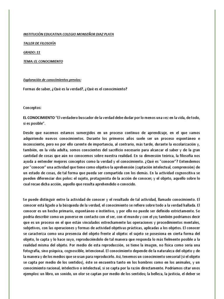 Taller de Filosofía 11 1 | Descargar gratis PDF | Conocimiento | Realidad