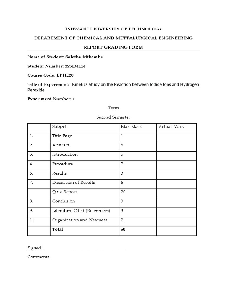 Chemical Kinetics Lab Report | PDF | Chemistry | Chemical Kinetics