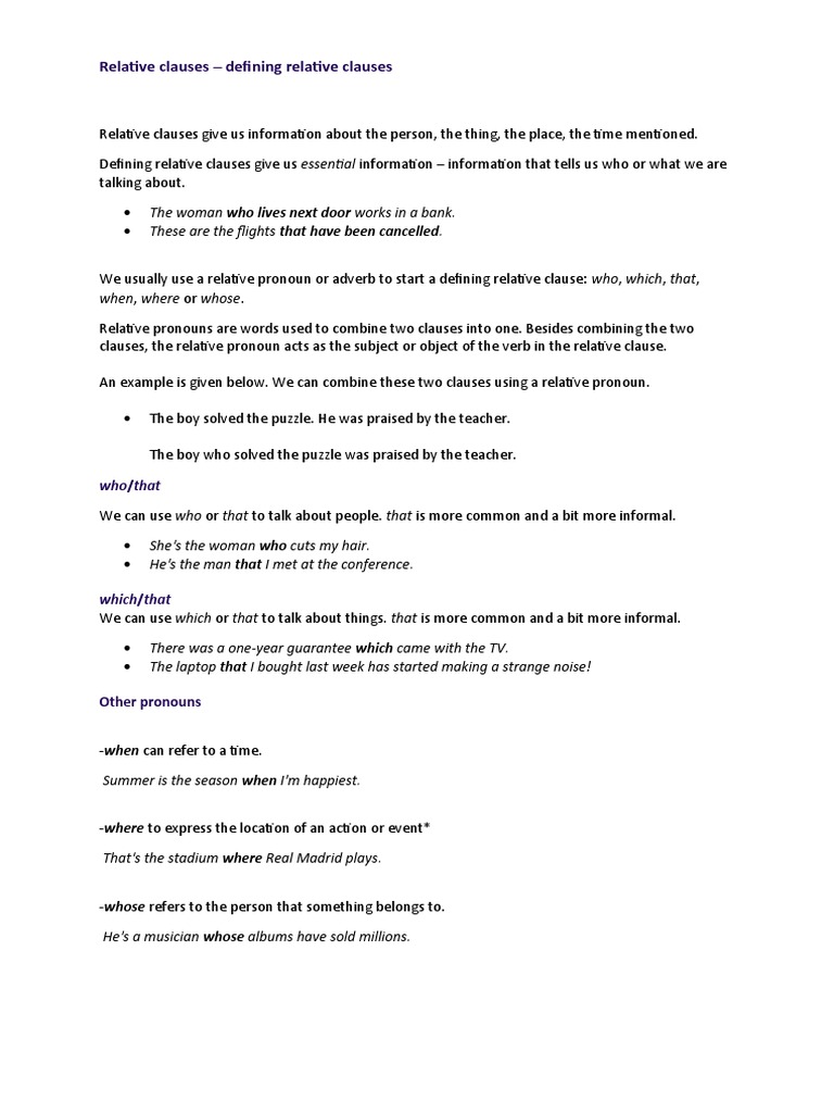 Relative Clauses-Answer Key | PDF | Clause | Pronoun