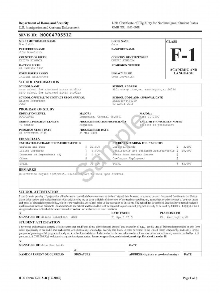 Form I-20 SAMPLE | PDF