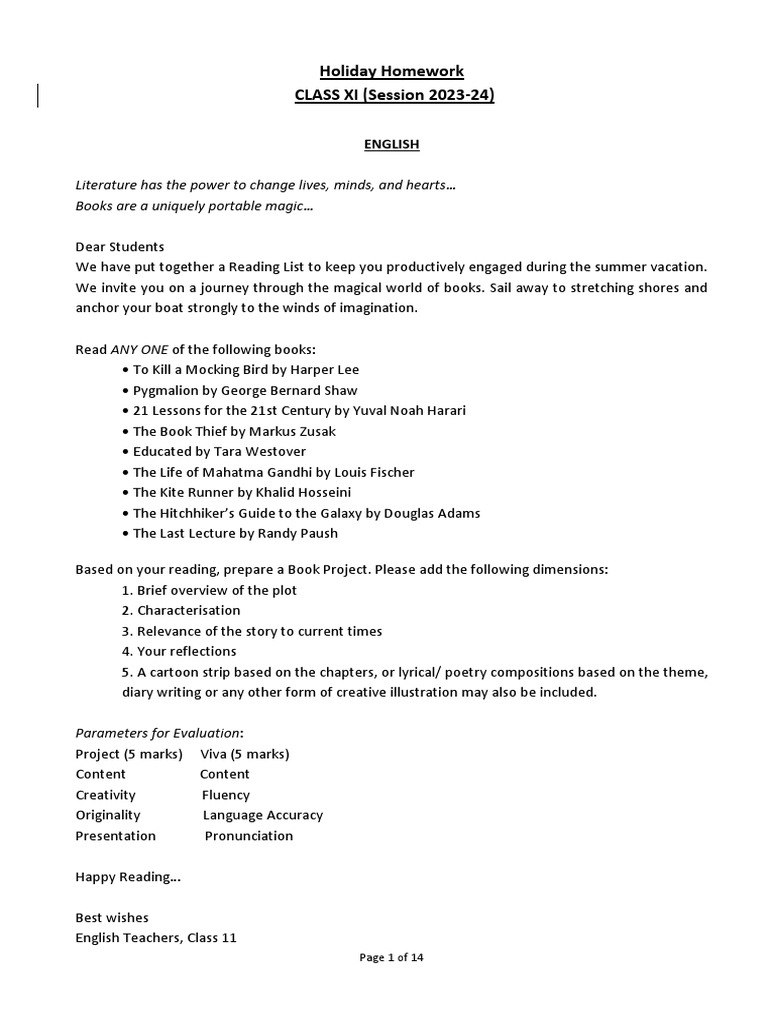 Class 11 Holiday Homework 2023-24 | PDF