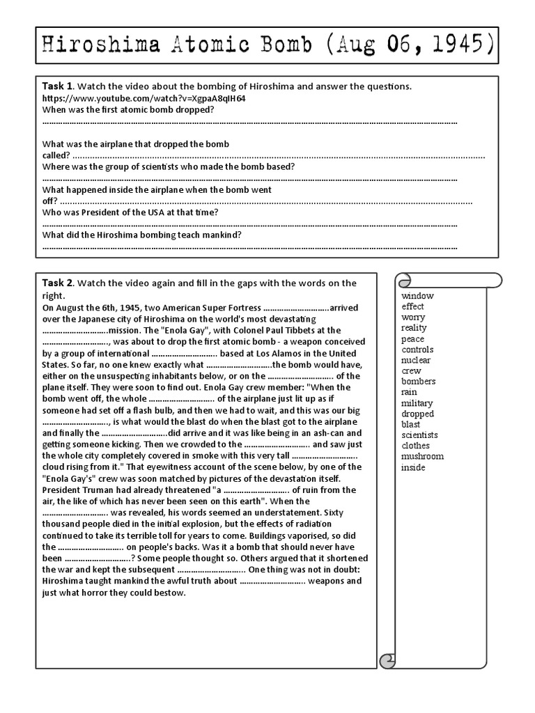 Hiroshima Atomic Bomb Aug 06 1945 Crosswords Video Movie Activities ...