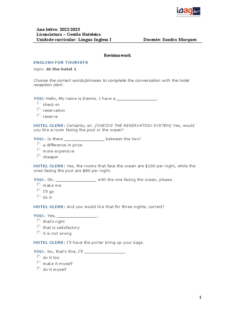 Revision Work Hotel Vocabulary | PDF