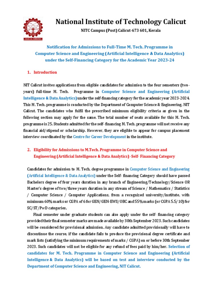 New M Tech Programme in Computer Science and Engineering Artificial ...