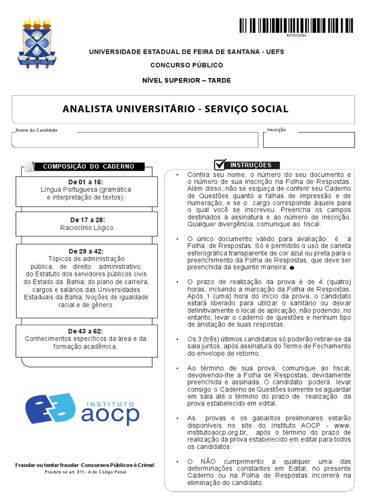 Aocp 2018 Uefs Analista Universitario Servico Social Prova | PDF ...