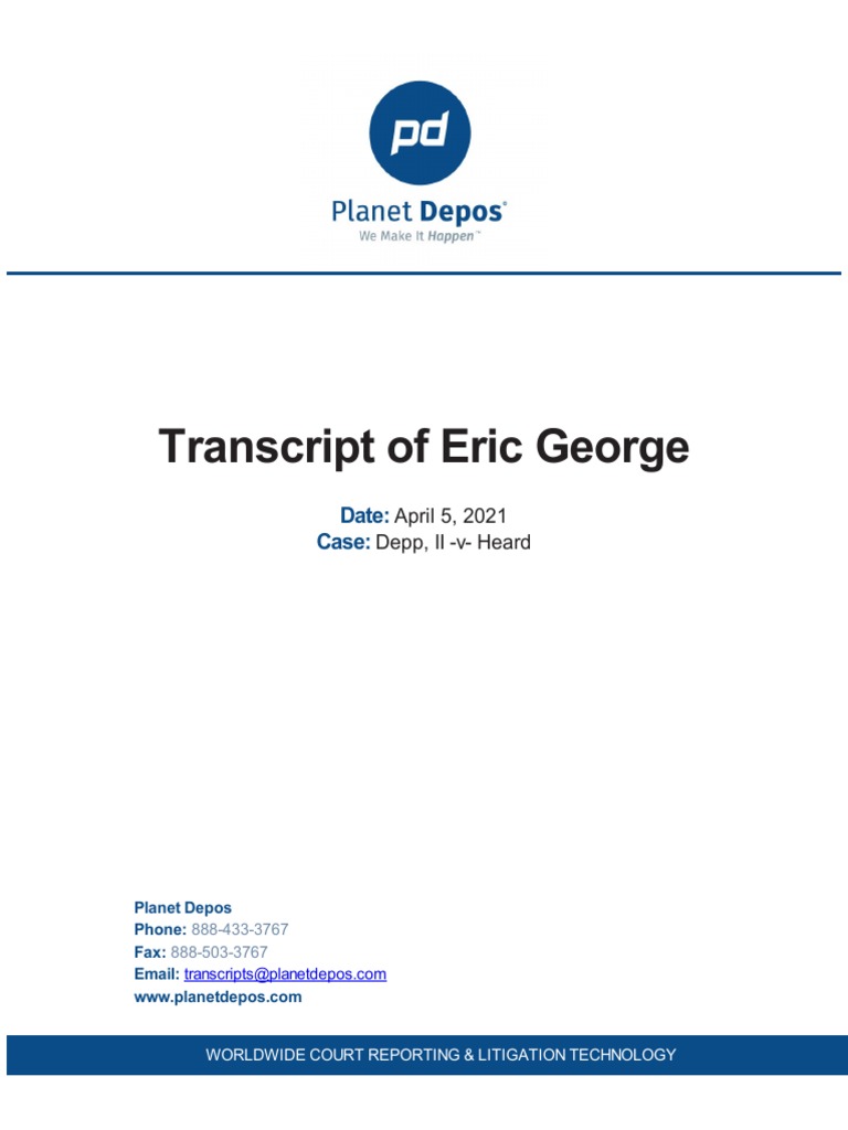 Eric George Depp Vs Heard Transcript | PDF | Deposition (Law) | Common Law