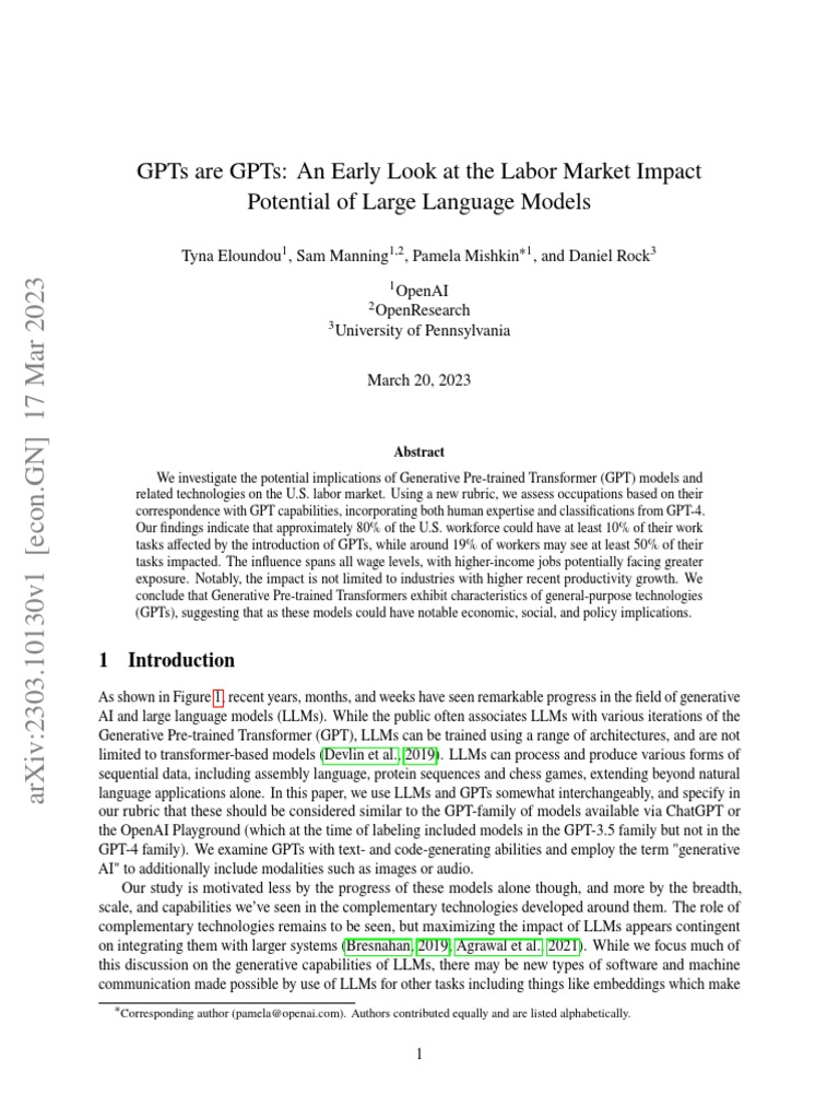 Gpts Are GPTS: An Early Look at The Labor Market Impact Potential of Large Language Models | PDF ...