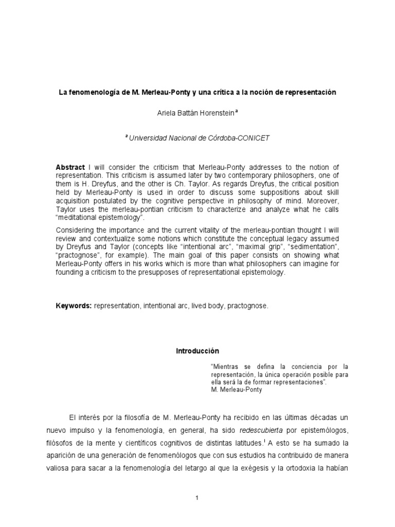 La Fenomenología De M Merleau Ponty Y Una Crítica A La Noción De