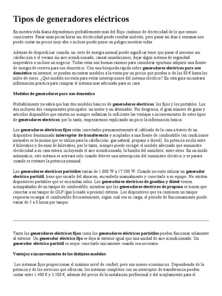 Tipos de Generadores Eléctricos | PDF