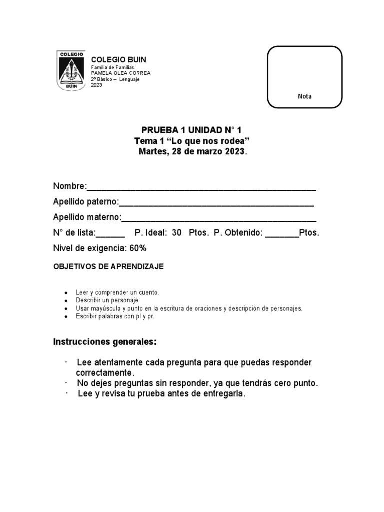 Prueba 1 Lenguaje Tema 1 2023 Pdf