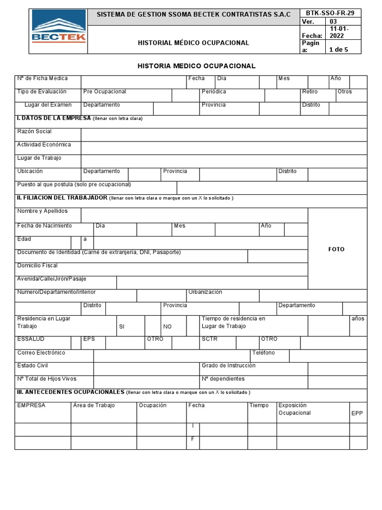 BTK-SSO-FR-29 Ver. 03 Formato de Historial Medico Ocupacional | PDF | Enfermedades y trastornos ...