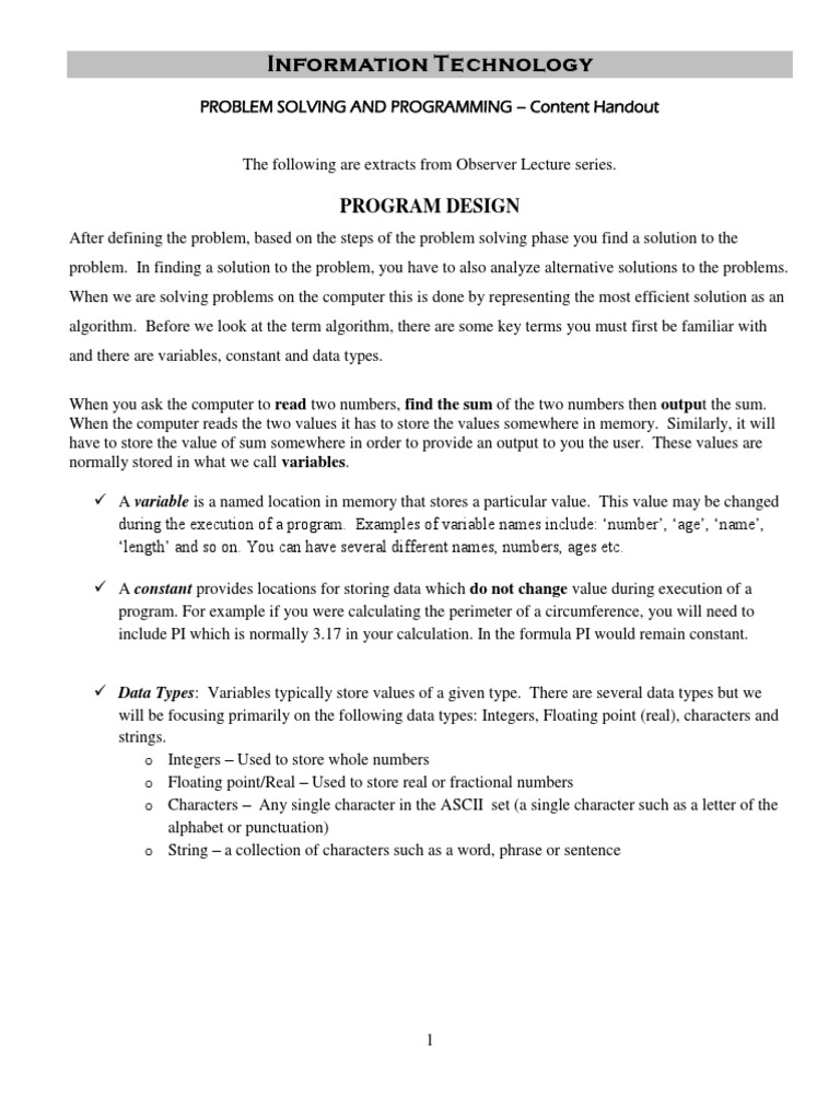 Problem Solving and Programming Content Handout | PDF | Programming | Computer Program
