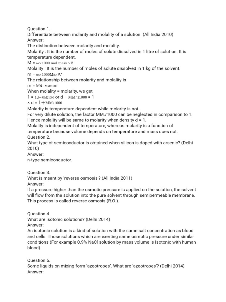 Class 12 Chem - Solutions-Imp Questions-Ch-1 | PDF | Osmosis | Solubility