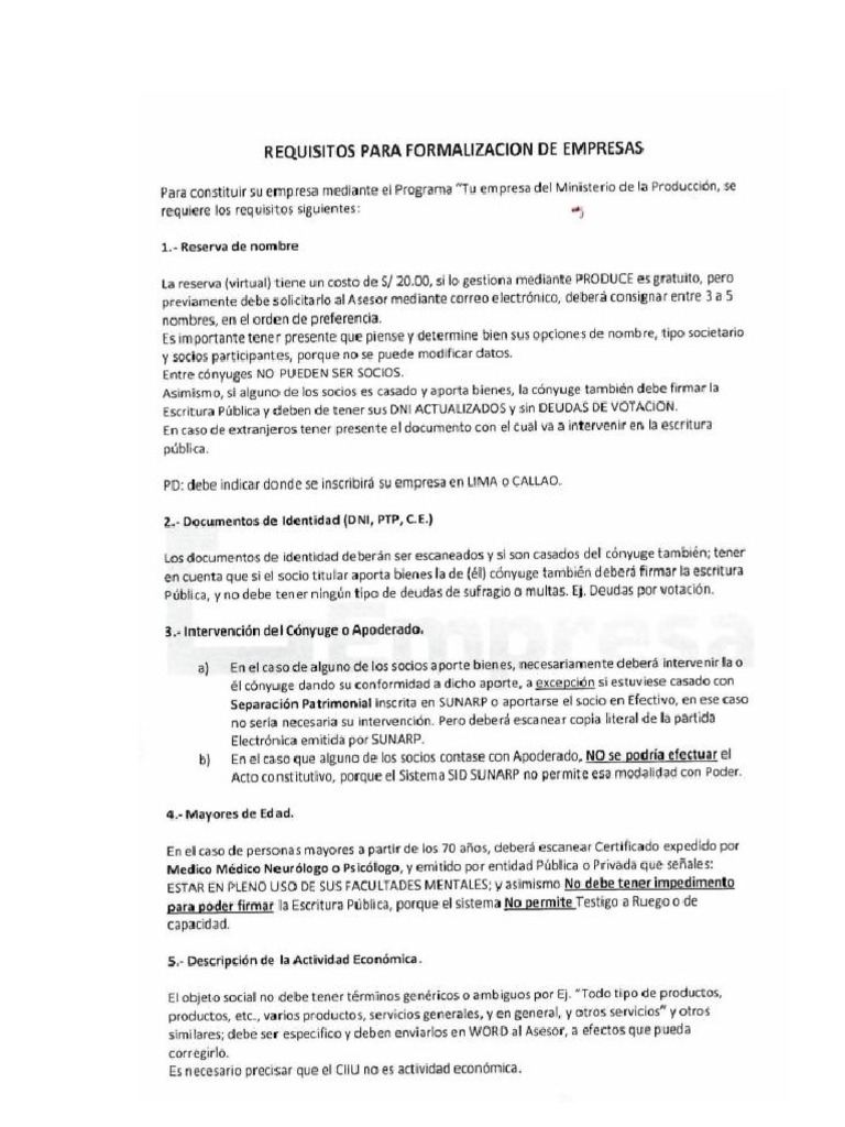 Requisitos y Pasos para La Constitucion de Empresa Produce | PDF