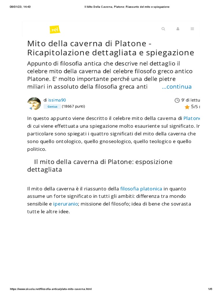 Il Mito Della Caverna, Platone - Riassunto Del Mito e Spiegazione | PDF