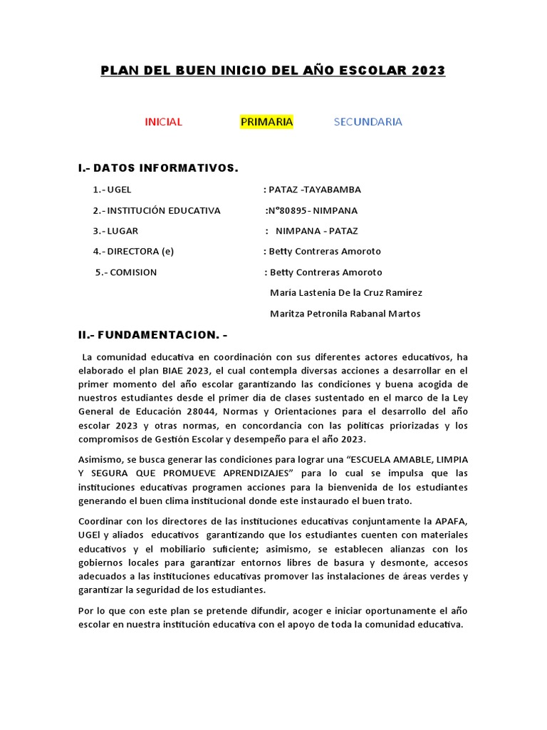 Plan de Buen Inicio Del Año Escolar (Biae) 2023 (1) | PDF | Enseñando ...
