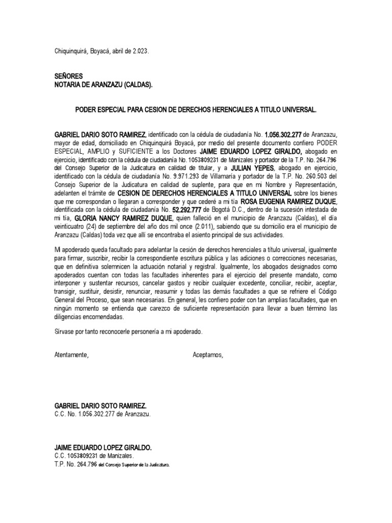 Poder Cesion Herenciales Gabriel Dario Soto Ramirez | PDF