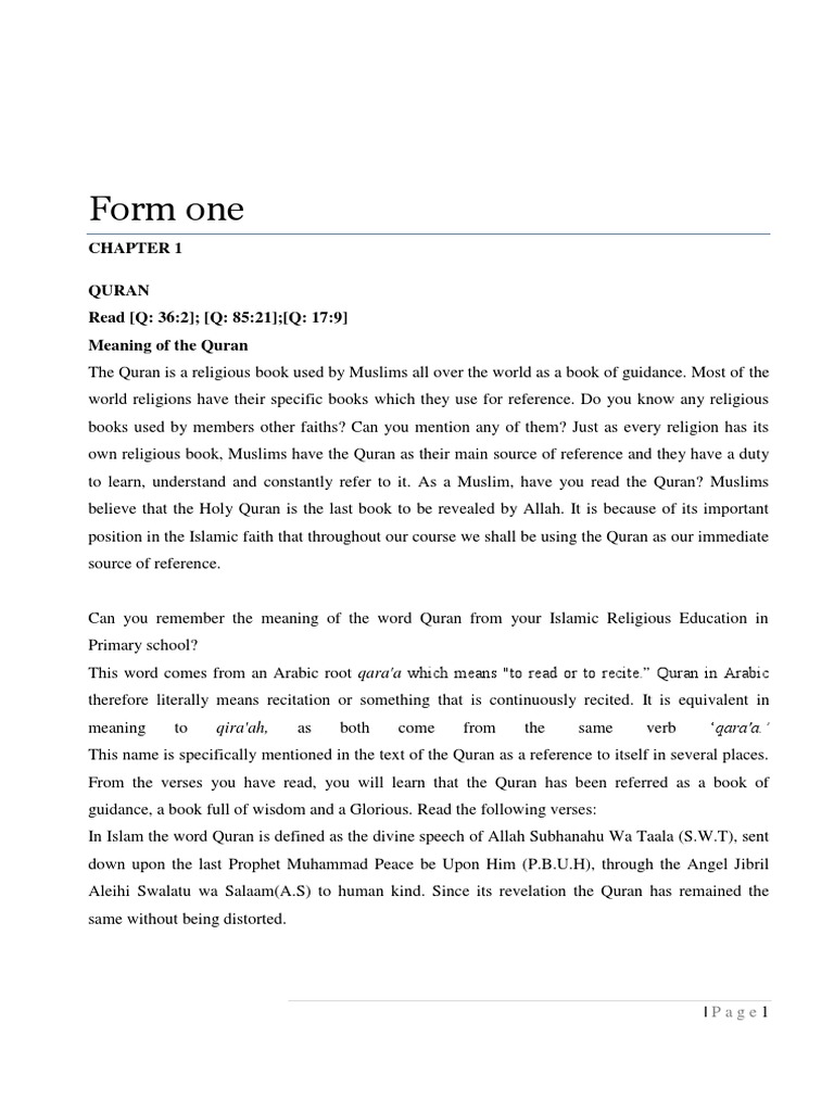 Ire Form 1 Notes | PDF | Hadith | Prophets And Messengers In Islam