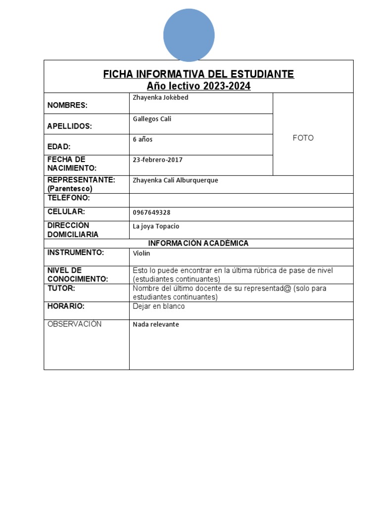 Ficha Informativa Del Estudiante 2023-2024 | PDF