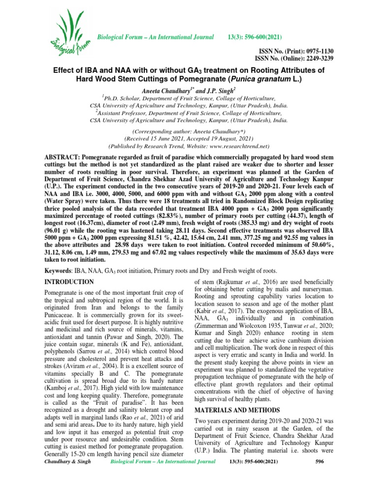 Effect of IBA and NAA With or Without GA Treatment On Rooting Attributes of Hard Wood Stem ...