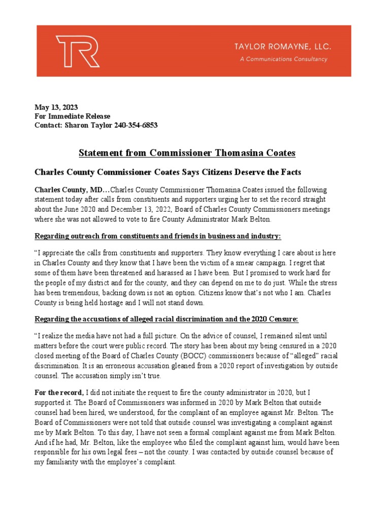 Commissioner Thomasina Coates Statement | PDF