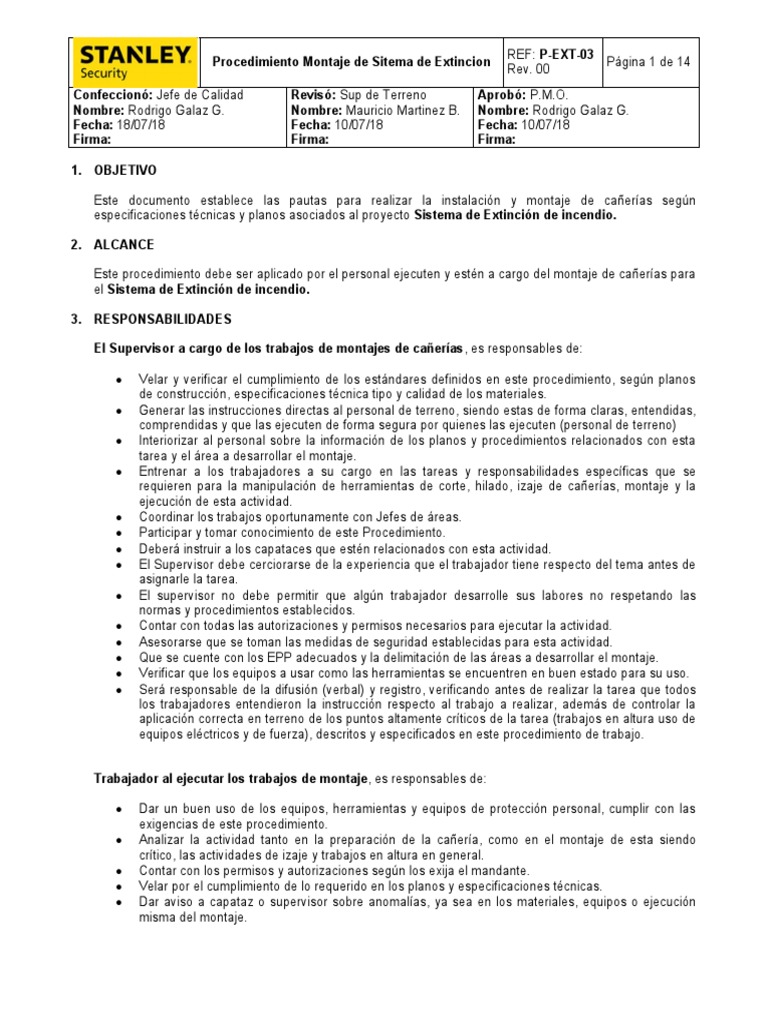 P-EXT-03 Proc Montaje de Sistema de Extincion Rev. 00 | Descargar gratis PDF | Tubería ...
