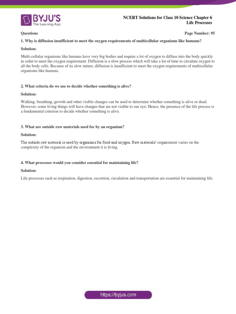 NCERT Solutions For Class 10 March 29 Science Chapter 6 Life Processes | Download Free PDF ...