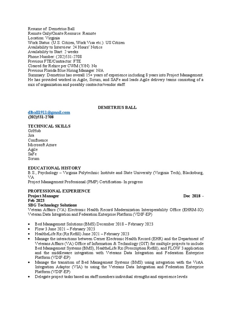 Demetrius Ball - Resume | PDF | Veterans Health Administration | Agile Software Development