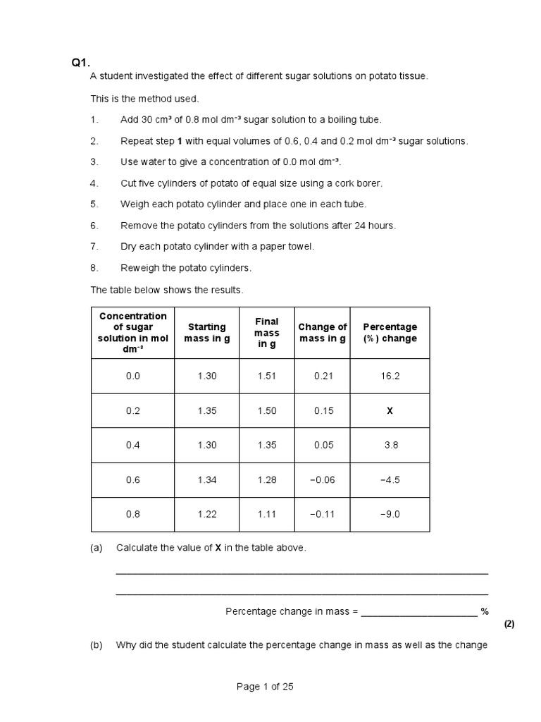 Effect of Sugar Solutions on Potato Tissue | PDF | Osmosis | Chemistry