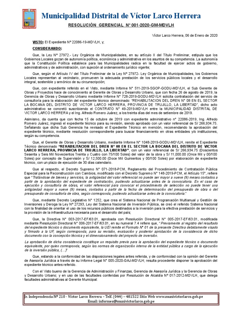 R.G. #001-2020 - Aprobacion Del Expdiente Tecnico - Rehabilitacion Del Dren #08 en El Sector La ...