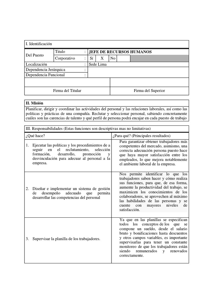 Perfil - Jefe de RRHH | PDF | Gestión de recursos humanos | Economias