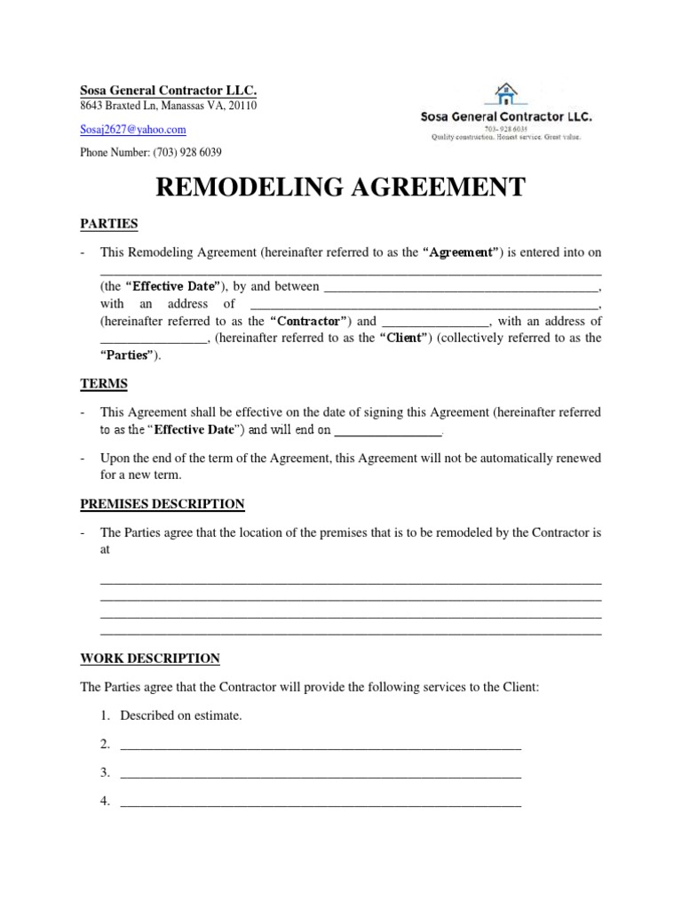 Remodeling Agreement PDF | Download Free PDF | Legal Liability | Breach Of Contract
