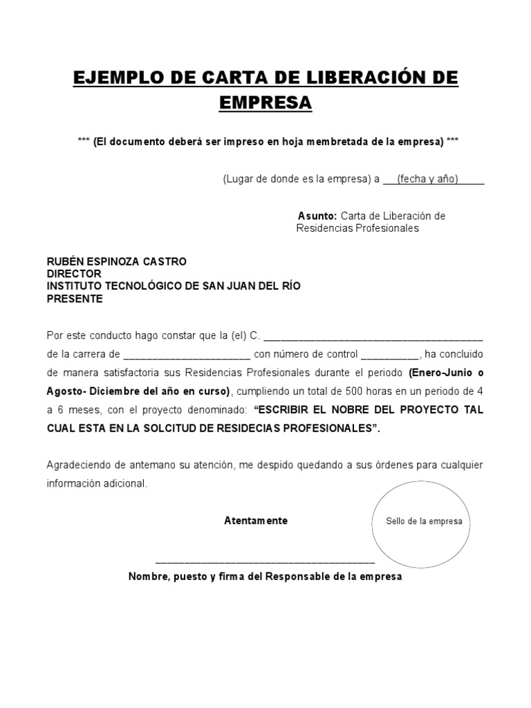 Ejemplo Carta de Liberacion Empresa | PDF