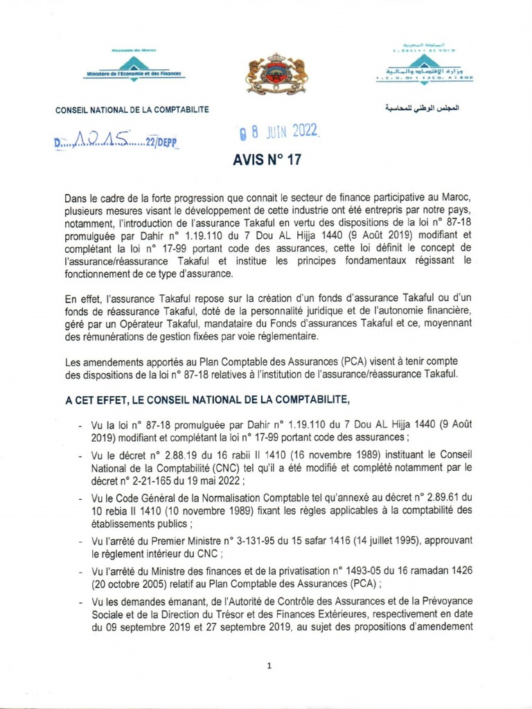 Avis n° 17 relatif au plan comptable des assurances (Takaful ) | PDF