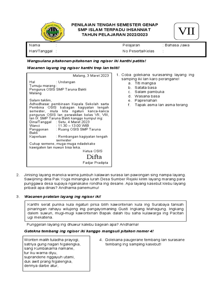 Soal BHS Jawa KLS 8 PTS Genap 2023 | PDF