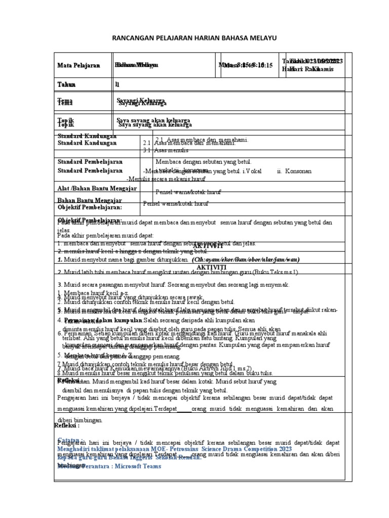 RPH Bahasa Melayu Tahun 1 | PDF