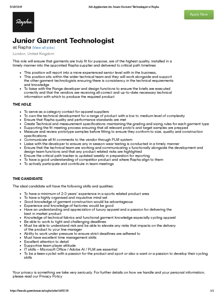 Rapha Junior Garment Technologist JD | PDF