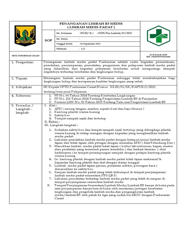 SOP Limbah Medis Padat | PDF