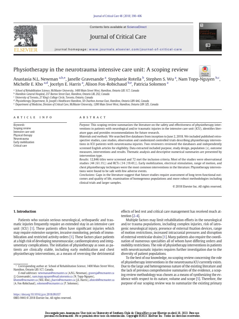 Physiotherapy in the Neurotrauma Intensive Care Unit -A Scoping Review ...