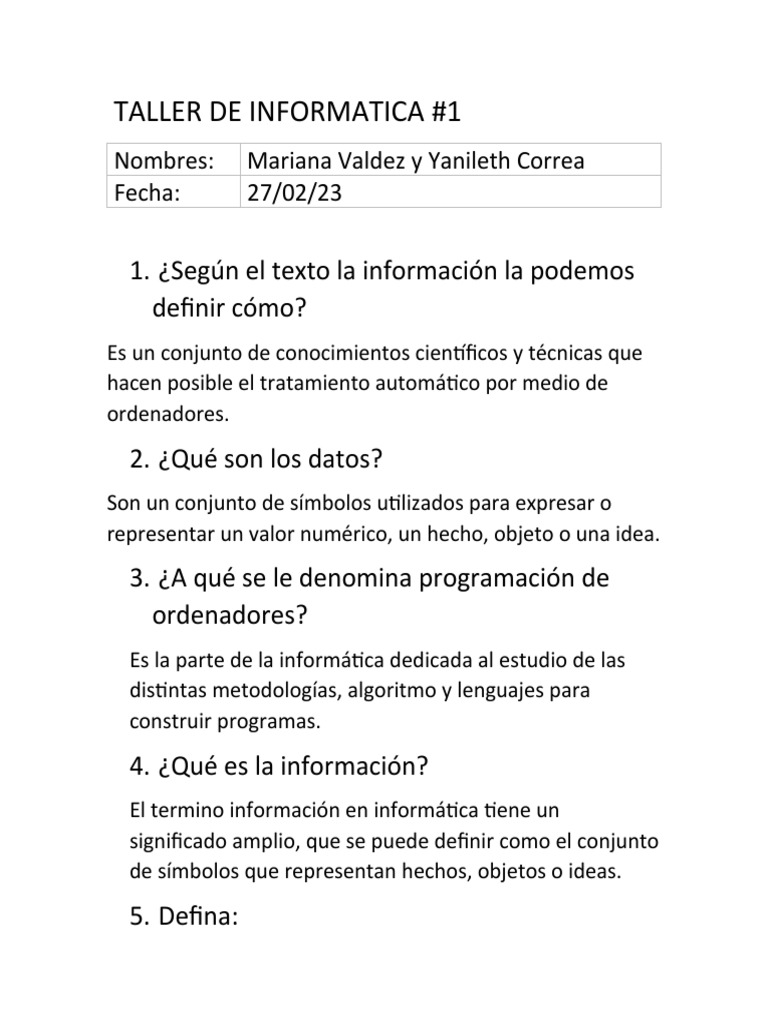 Taller de Informatica #1 | PDF Taller de Informatica #1 | PDF