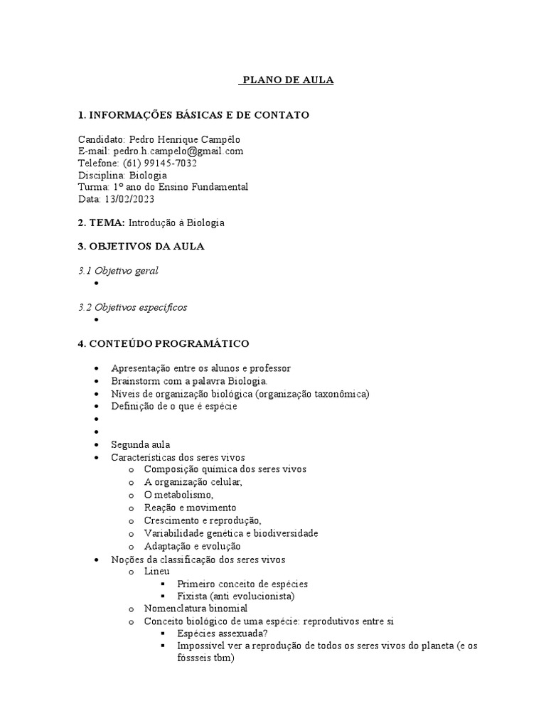 1° Ano Biologia - Aula 1 | Download grátis PDF | Biologia | Espécies
