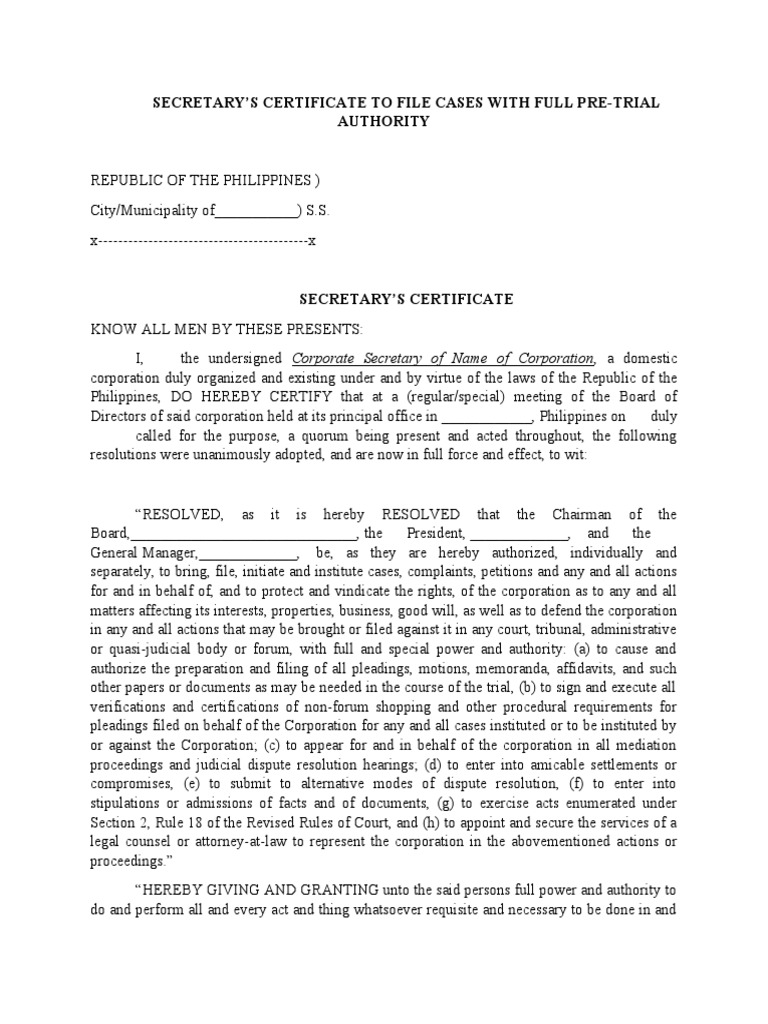 Secretary - S Certificate To File Cases With Full Pre-Trial Authority ...