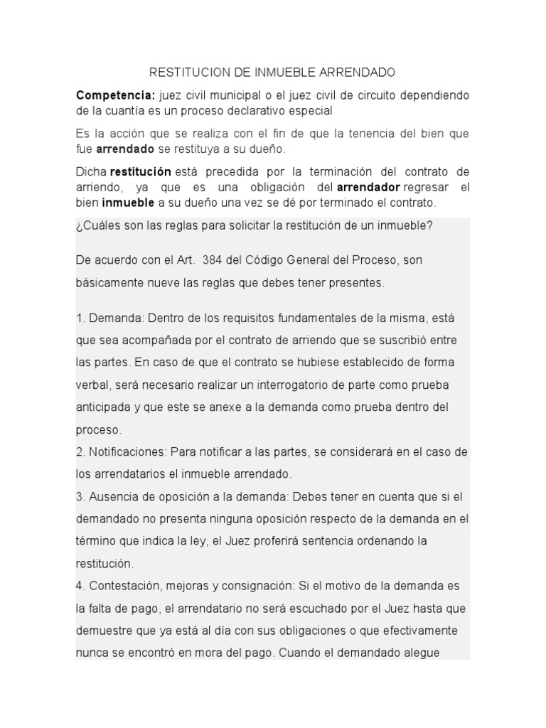 Restitucion de Inmueble Arrendado | PDF | Demanda judicial | Pagos