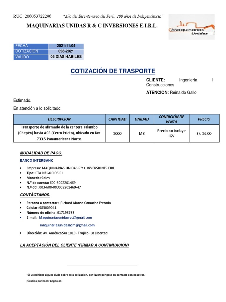 Cotización de Transporte Maquinarias Unidas-098 | PDF