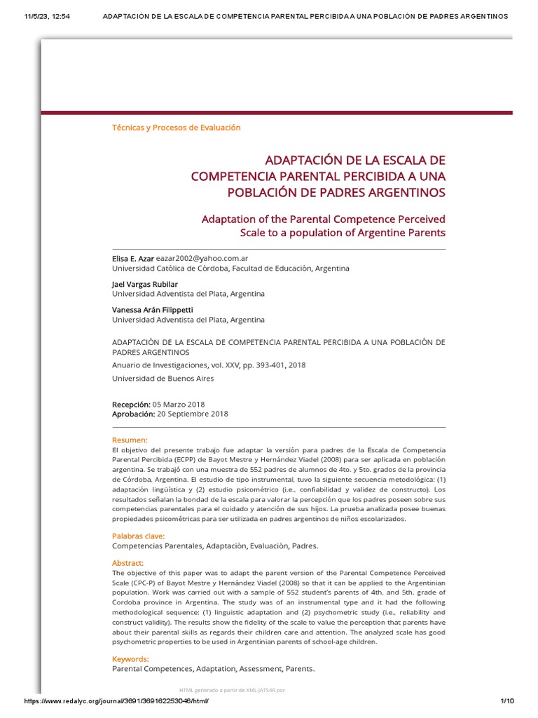 Adaptación de La Escala de Competencia Parental Percibida A Una ...