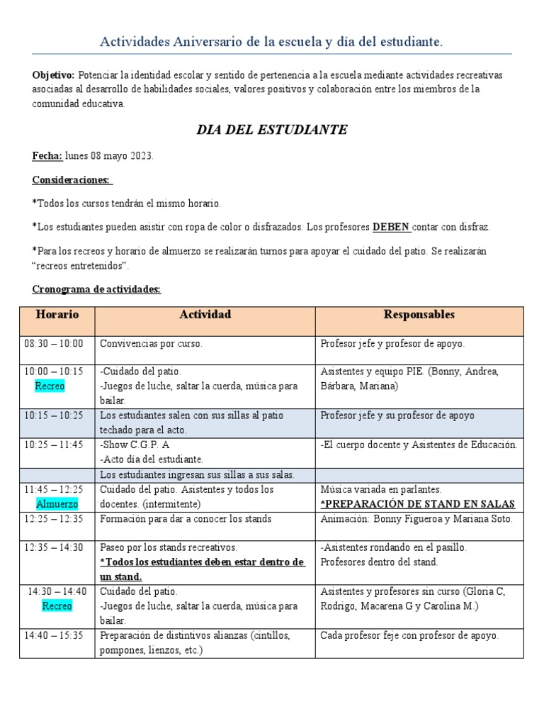 Actividades Aniversario de La Escuela y Día Del Estudiante | PDF